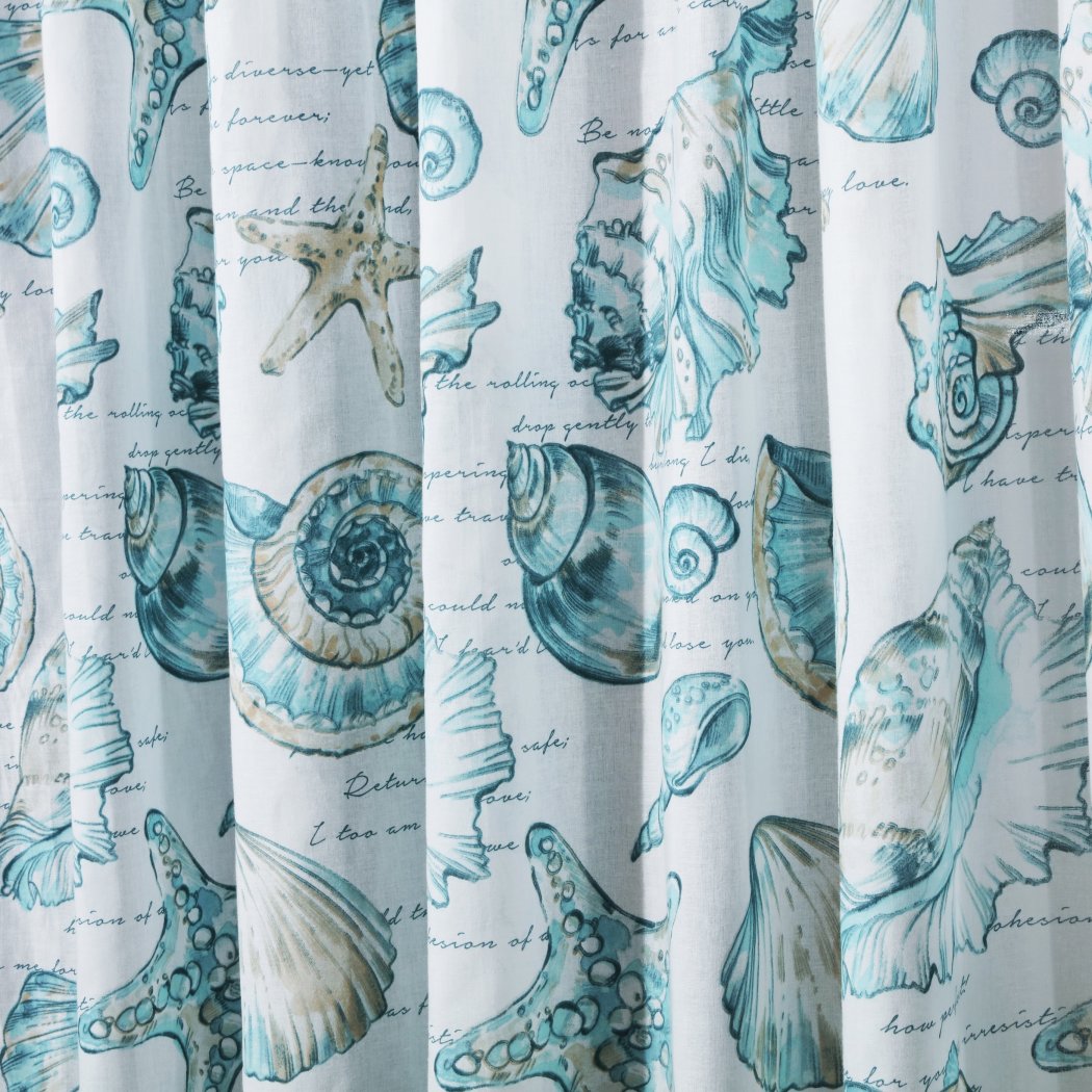 Blue Ocean Theme Shower Curtain Coastal Pattern Starfish Sea Shells Sa ...